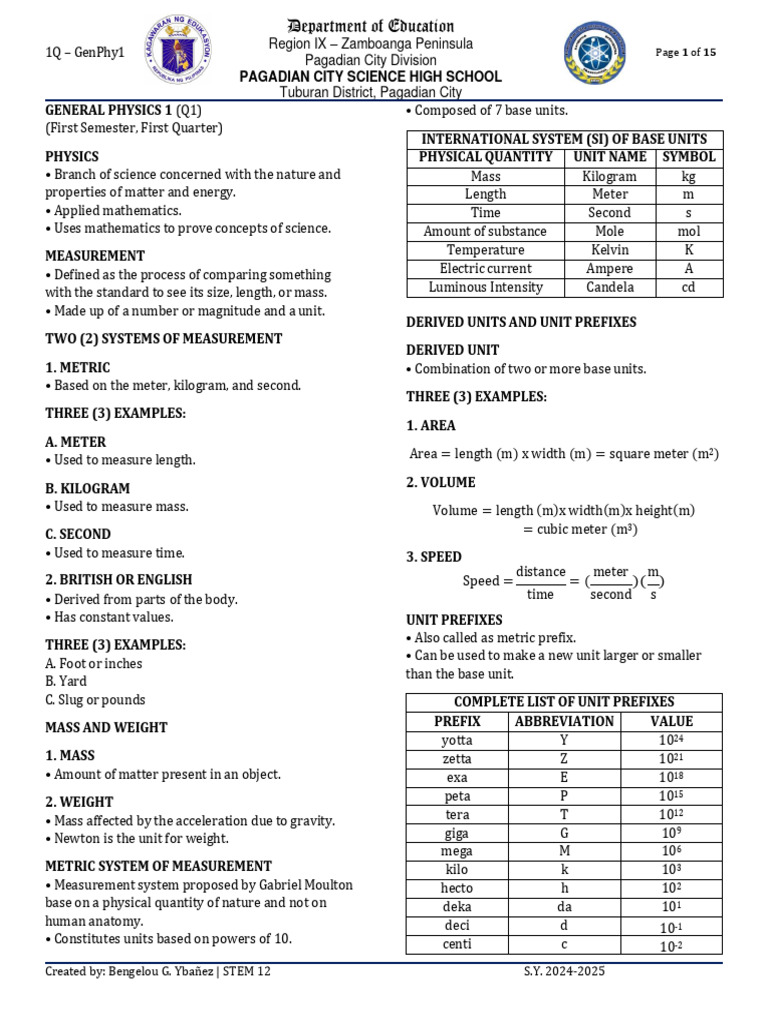 General Physics 111 | PDF | International System Of Units | Physical Quantities