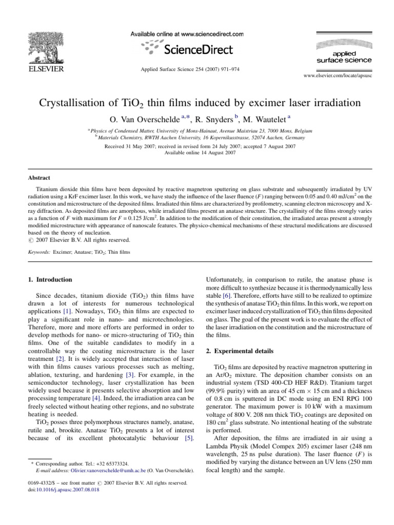 Crystallisation of TiO2 Thin Films Induced by Excimer Laser Irradiation | PDF | Titanium Dioxide ...
