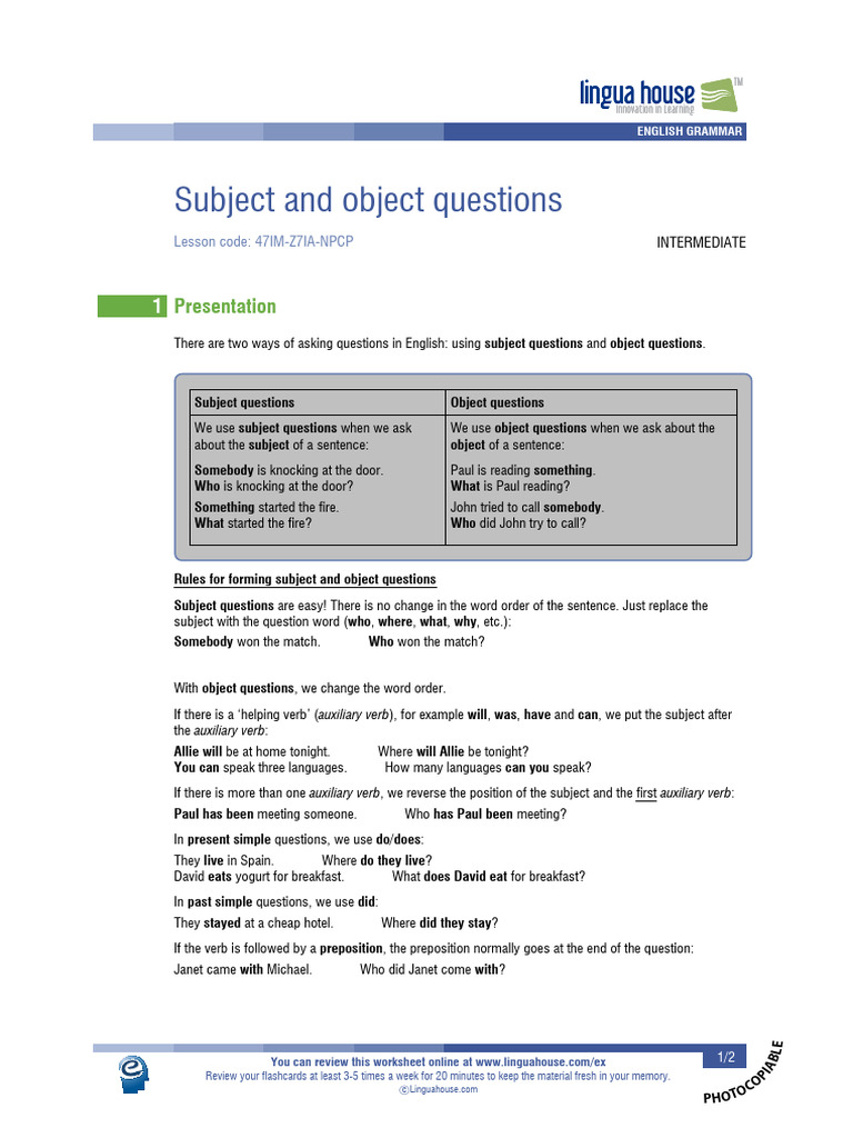 Subject and Object Questions | PDF | Question | Verb