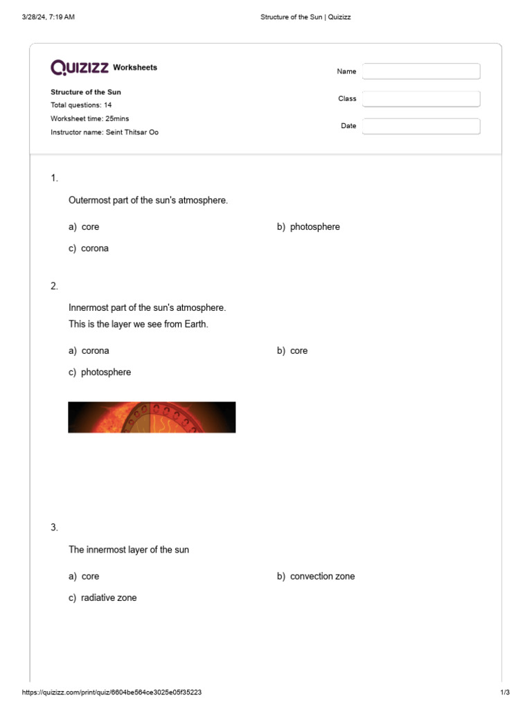 Structure of The Sun Quizizz | PDF | Sun | Convection