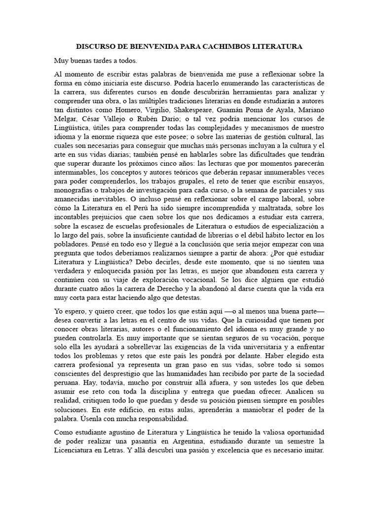 Discurso de Bienvenida para Cachimbos Literatura | PDF | Ficción general