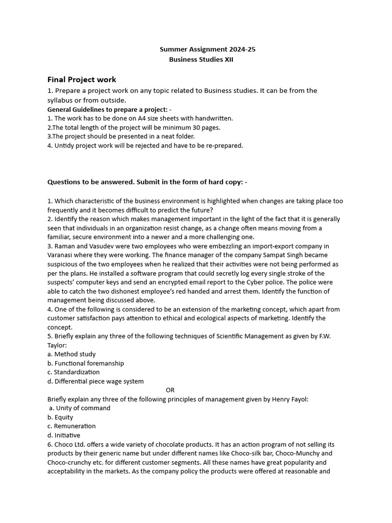 Business Studies XII Project Guidelines | PDF | Sales | Business