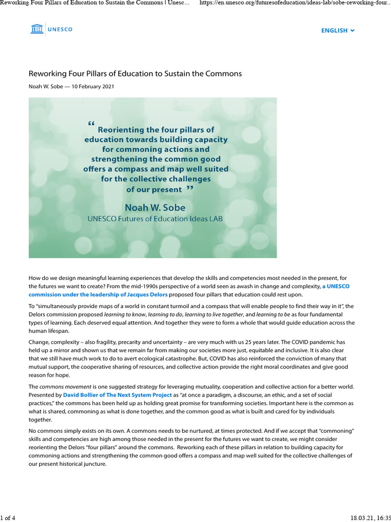 21 - 02 - 10 - Reworking Four Pillars of Education To Sustain The Commons Unesco Futures of ...