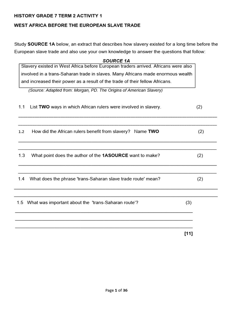 2024 Grade 7 History T2 Worksheets | PDF | Atlantic Slave Trade | Slavery