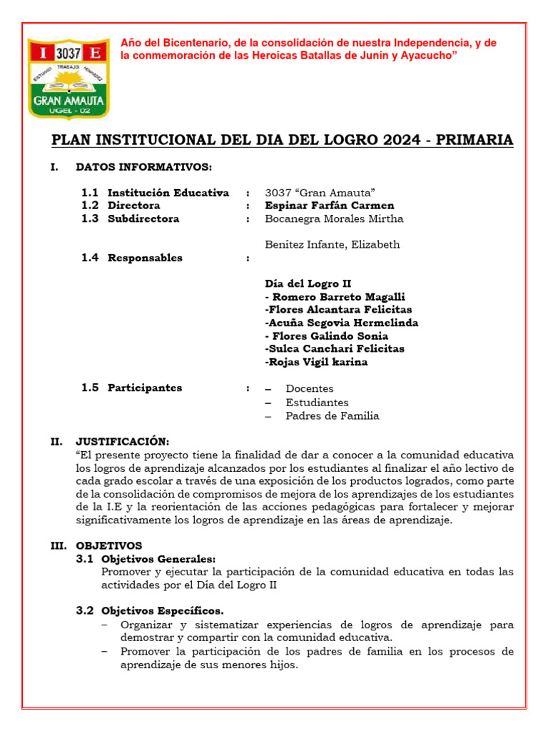 Plan Día Del Logro-2024 | PDF | Enseñando | Evaluación