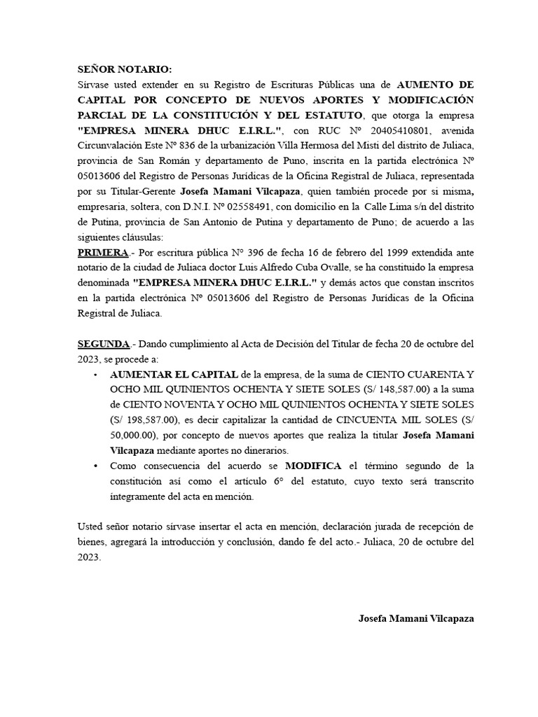 EMPRESA MINERA DHUC E.I.R.L. Aumento de Capital Con Vehiculo | PDF ...