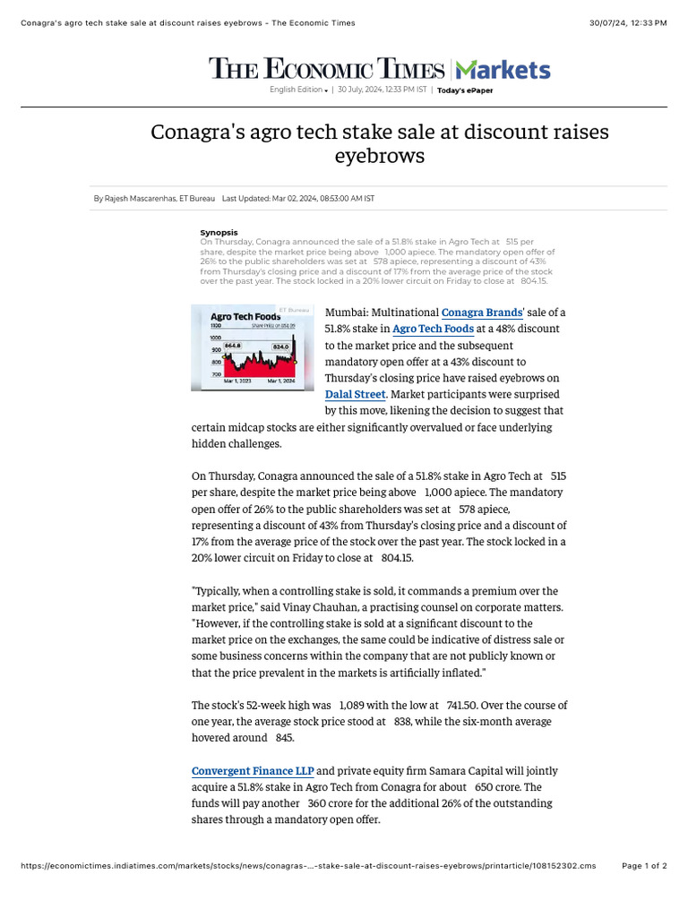 Conagra's Discounted Agro Tech Stake Sale | PDF | Stocks | Equity (Finance)
