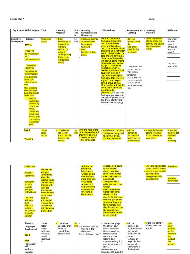 Ukg Three Letter Words Session Plan | PDF | Flashcard | Learning