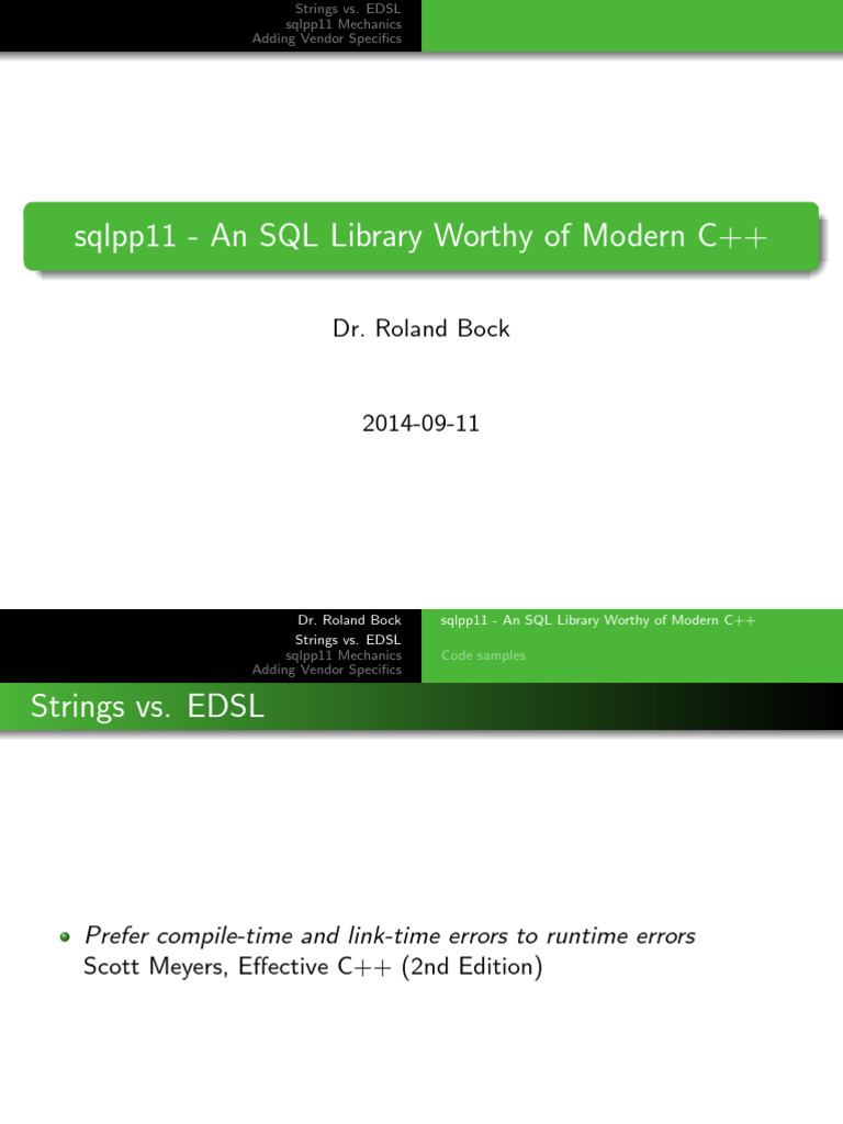 sqlpp11 - An SQL Library Worthy of Modern C++ - Roland Bock - CppCon 2014 | PDF | C++ ...
