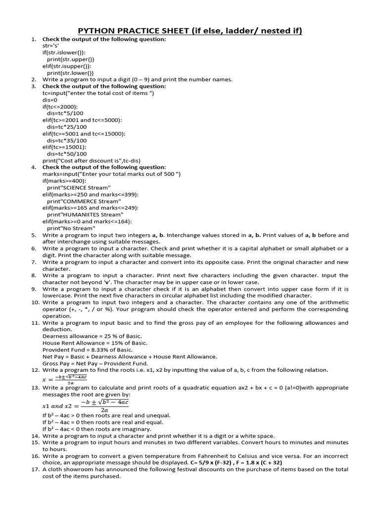 PYTHON PRACTICE SHEET (If Else, Elif) | PDF | Computer Programming