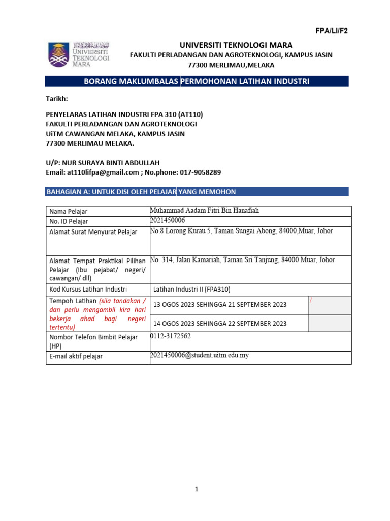 UiTM Industrial Training Form | PDF