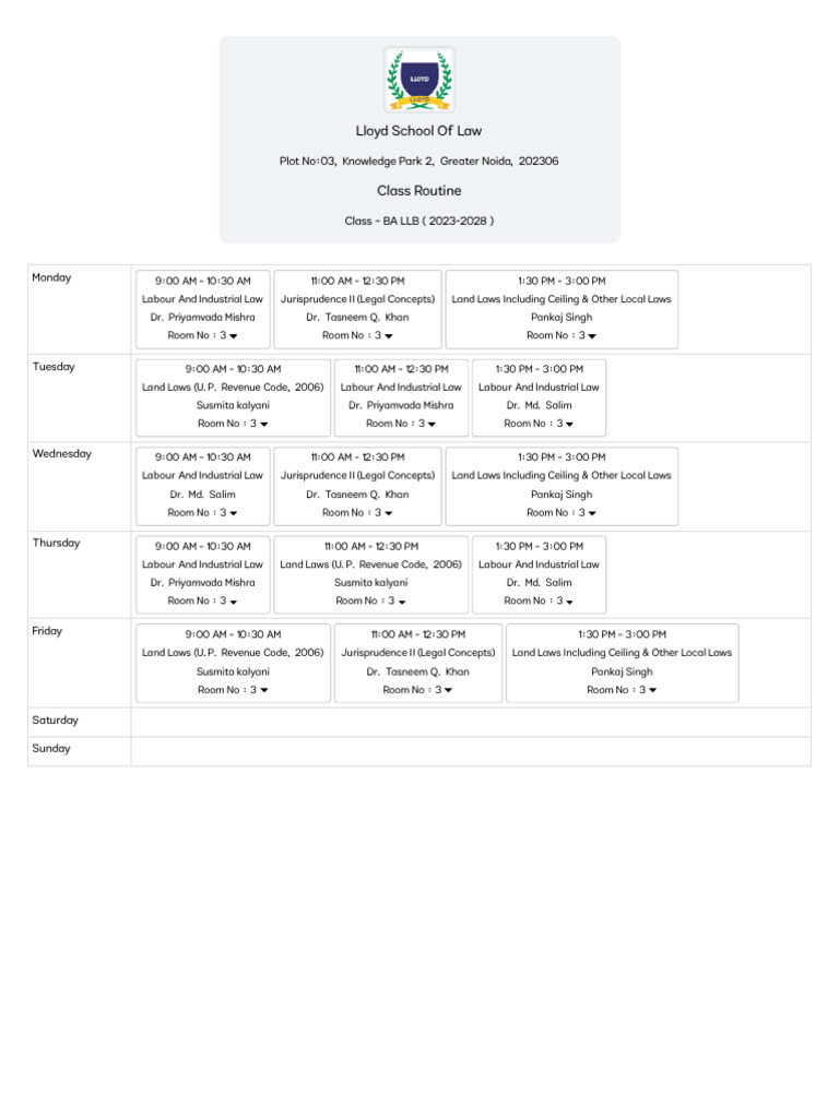 BA LLB Class Schedule 2023-2028 | PDF | Law