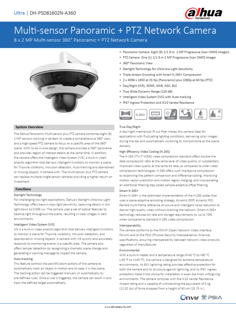 Datasheet MultiSensor PTZ Camera DH PSD81602N A360 v001 016 | PDF | Video | Camera