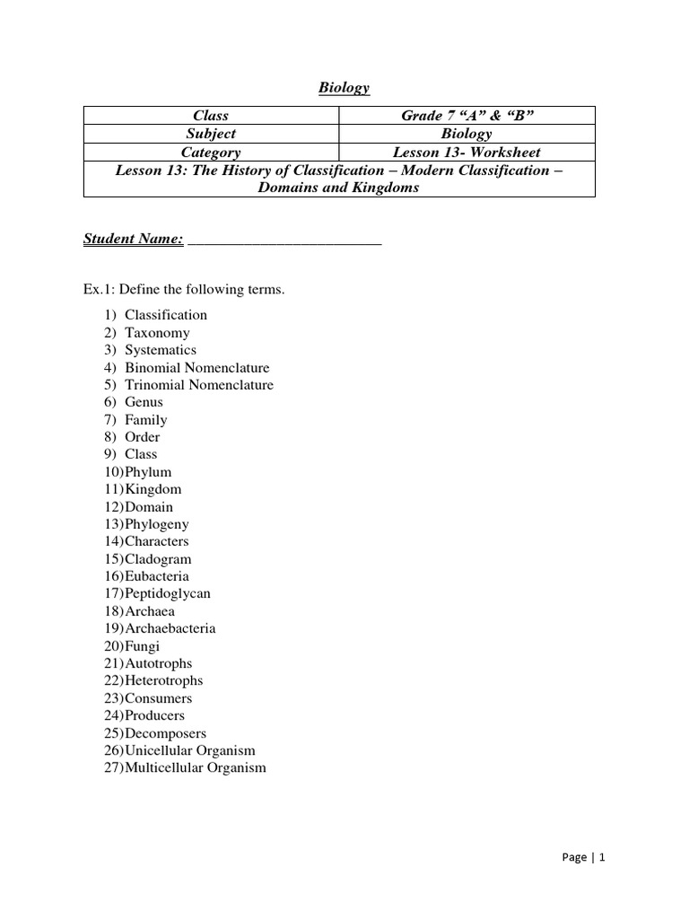 Lesson 13 - Worksheet PDF | PDF | Taxonomy (Biology) | Biology