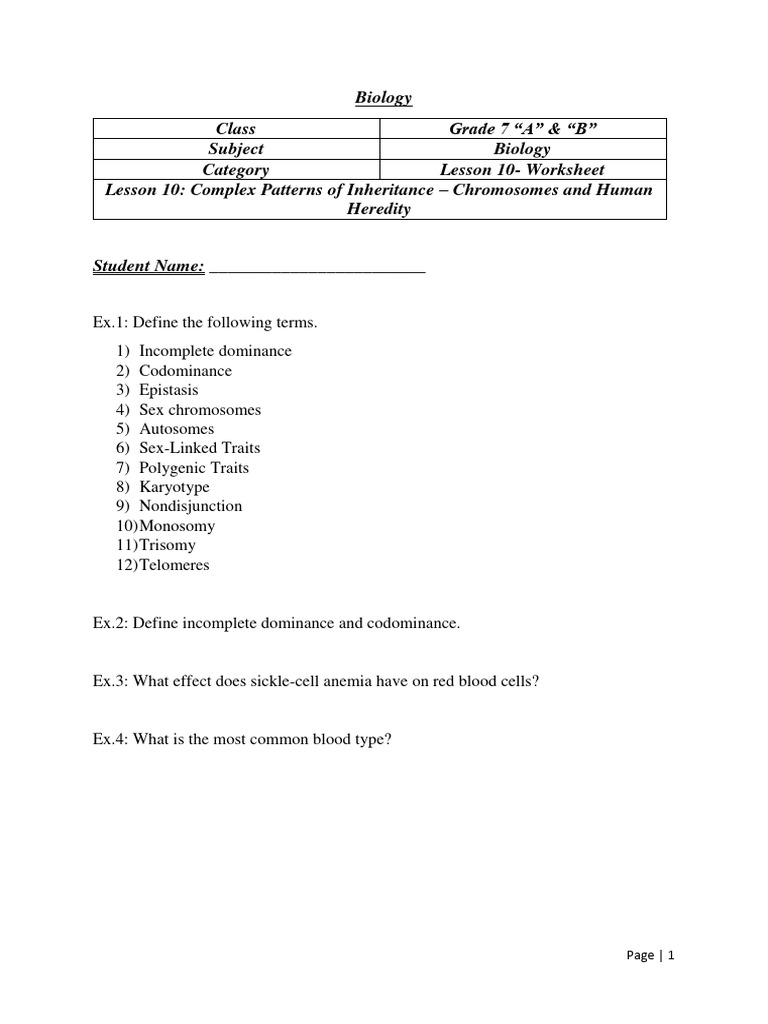 Lesson 10 - Worksheet PDF | PDF | Dominance (Genetics) | Karyotype
