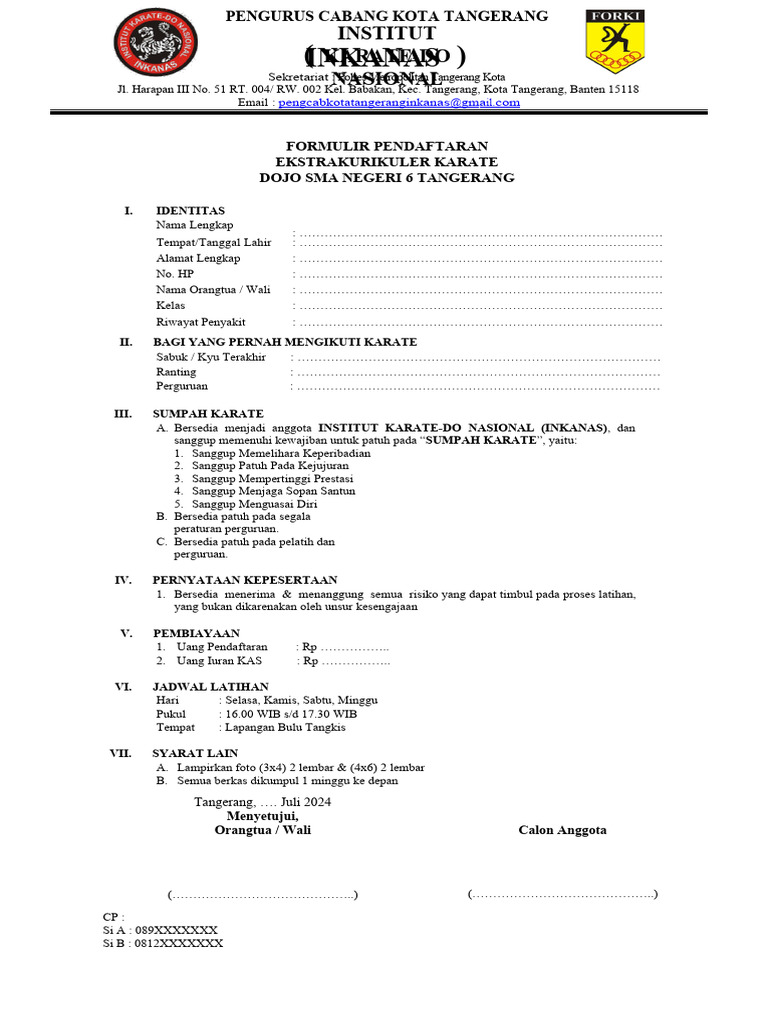 Formulir Pendaftaran Ekskul Karate | PDF