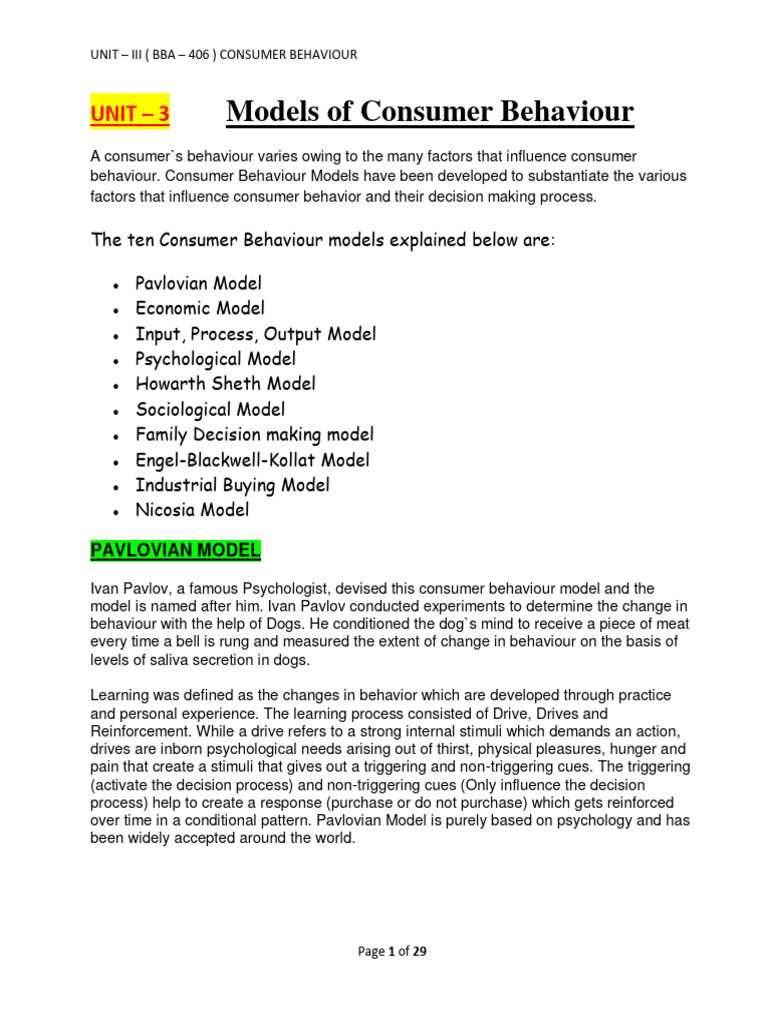 UNIT - 3 Models of Consumer Behaviour - FR WEB | PDF | Behavior | Consumer Behaviour