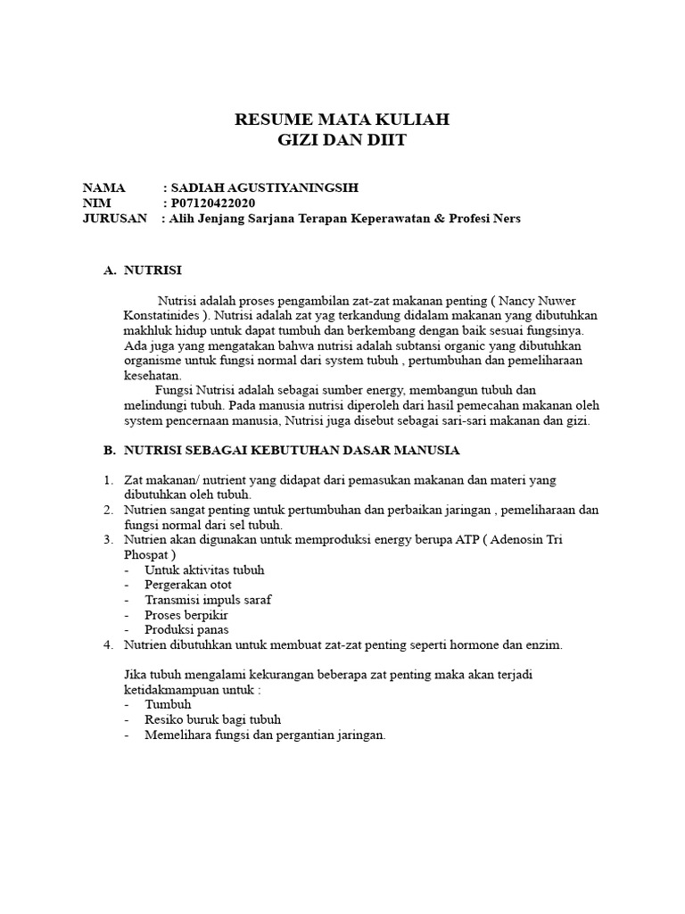 Resume Mata Kuliah Gizi Dan Diet | PDF | Kesehatan Holistik | Sains ...