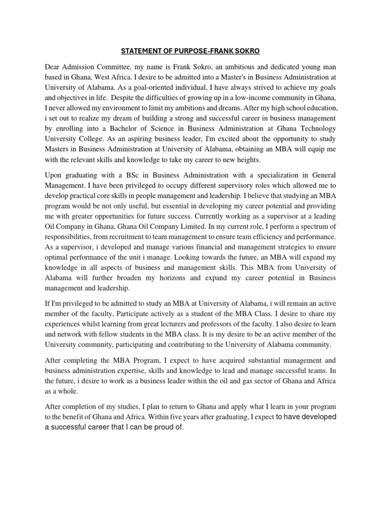 Sample Statement of Purpose-MBA | PDF | Master Of Business ...
