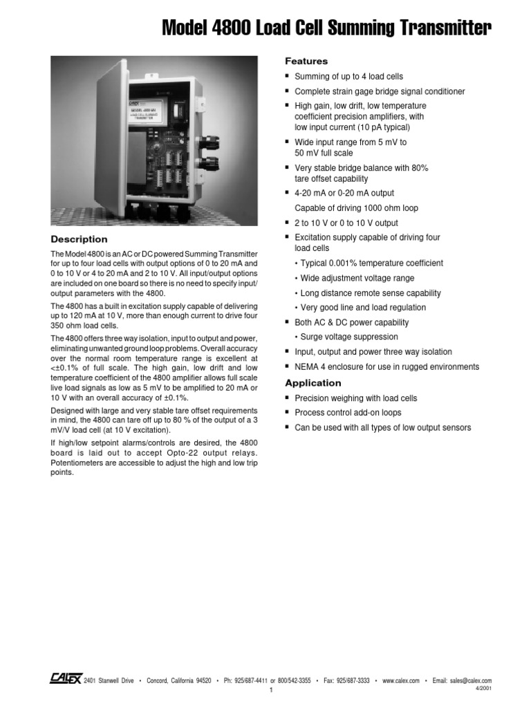 4800 Calex Load Cell Summing Transmitter Data Sheet | PDF ...