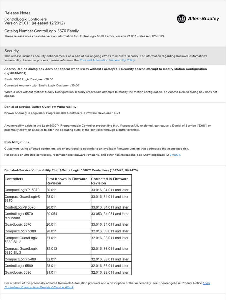 ControlLogix 5570 Family - 21.011 (Released 12 - 2012) | PDF | Remote ...