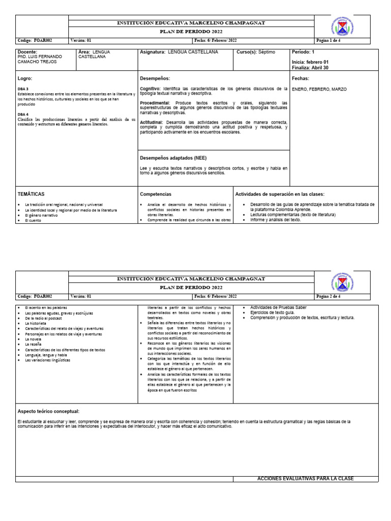 Plan de Periodo Castellano Septimo | PDF | Aprendizaje | Comunicación ...