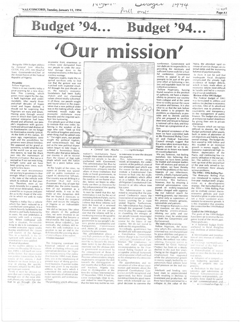 Abacha's Budget Speech 1994 | PDF Abacha's Budget Speech 1994 | PDF