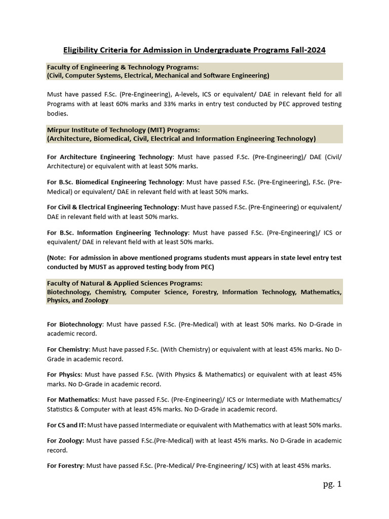 MUST Admission - FA2024 Eligibility Criteria | PDF | Engineering ...