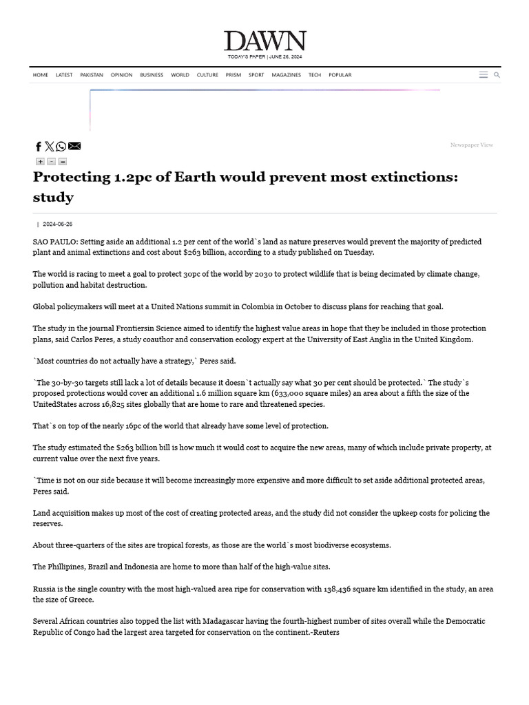 Protecting 1.2pc of Earth Would Prevent Most Extinctions - Study | PDF ...