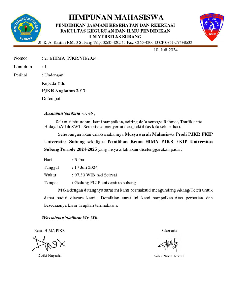 Undangan Musyawarah HIMA PJKR 2024 | PDF