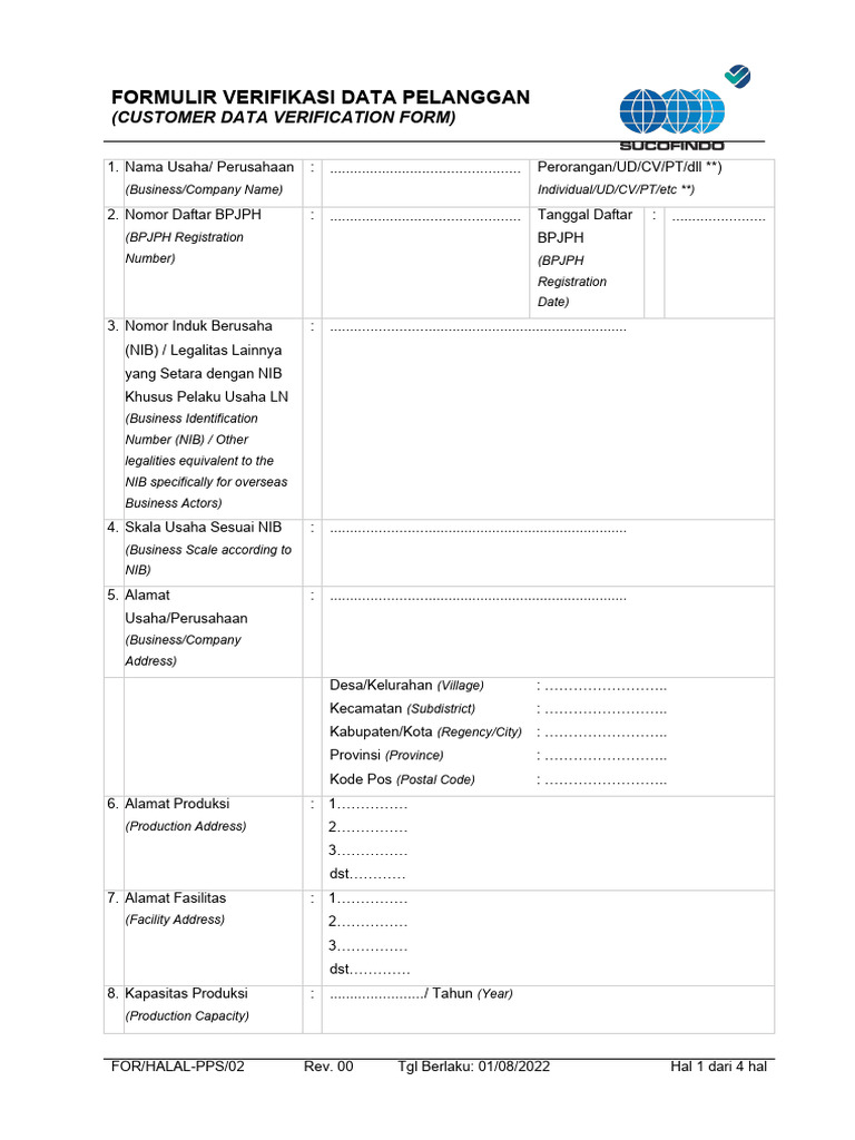 FOR-HALAL-PPS-02 Formulir Verifikasi Data Pelanggan Bilingual | PDF | Teknologi & Rekayasa