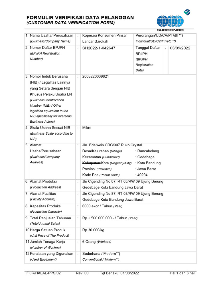 FOR-HALAL-PPS-02 Formulir Verifikasi Data Pelanggan Bilingual | PDF | Teknologi & Rekayasa
