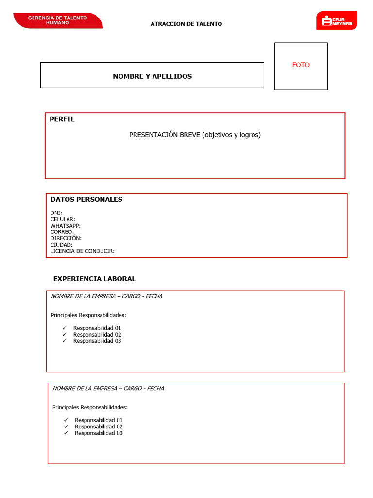 Modelo de CV para Caja Maynas 2024 | PDF | Crecimiento personal y ...