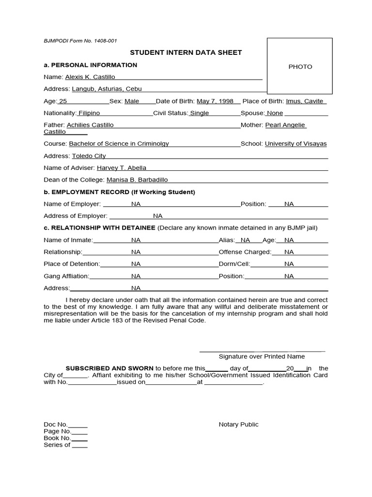 Student Intern Data Sheet | PDF