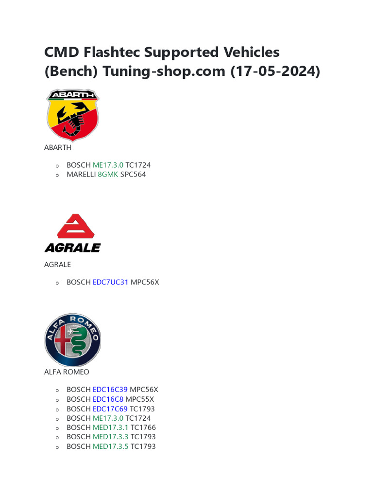 CMD Flashtec Supported Vehicles Bench Tuning Shop Com 17 05 2024 | PDF ...
