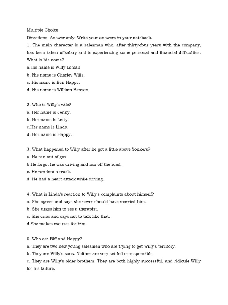 Death of a Salesman MCQ Practice Test | PDF