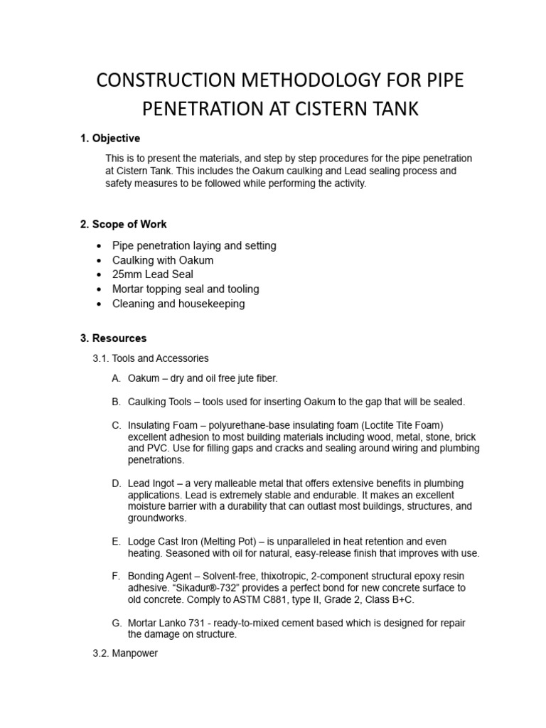 Construction Methodology For Pipe Penetration At Cistern Tank Pdf Pipe Fluid Conveyance