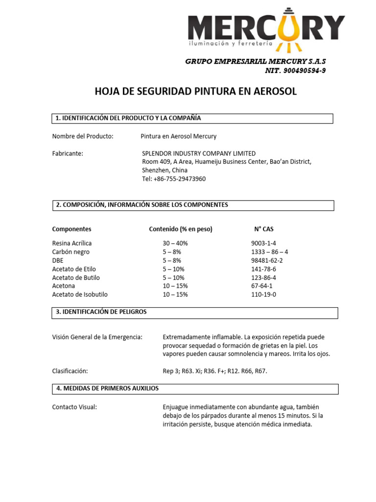 FDS Aerosol MERCURY | PDF | Residuos | Asma