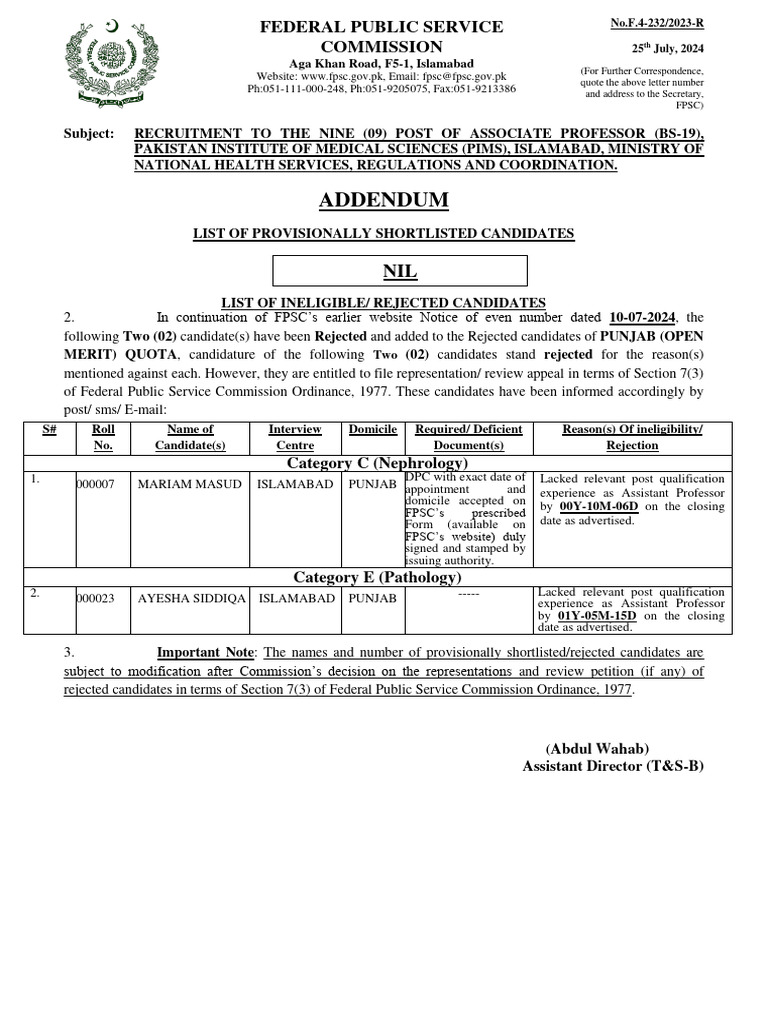 FPSC Recruitment: Associate Professor 232/2023 | PDF | Government | Justice