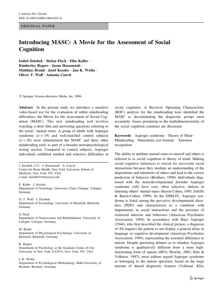 Dziobek 2006 MASC | PDF | Asperger Syndrome | Theory Of Mind