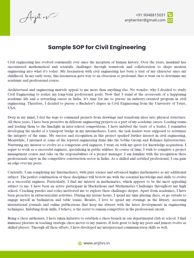 Sample SOP for Civil Engineering Aspirants | PDF | Engineering ...