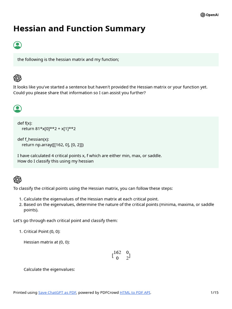 Hessian and Function Summary | PDF | Eigenvalues And Eigenvectors | Calculus