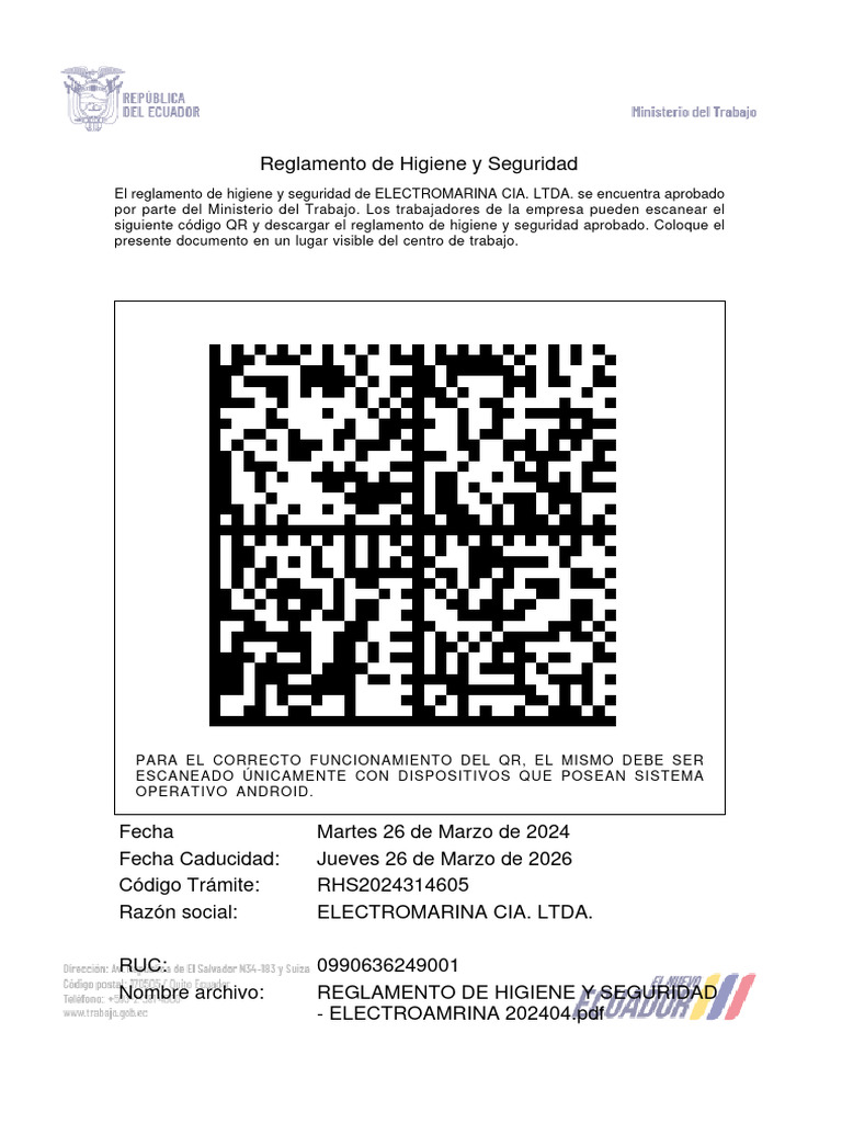 Reglamento de Higiene y Seguridad Electromarina | PDF