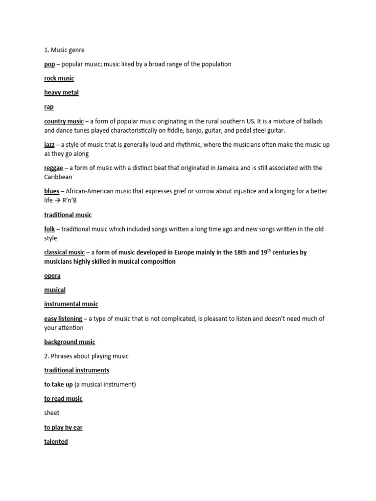 Topic Vocab and Phrases Music | PDF | Songs | Folk Music