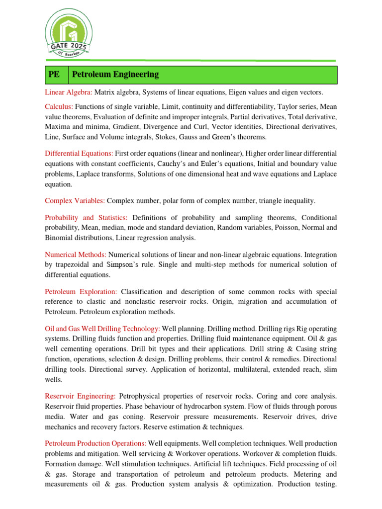 GATE PE 2025 Syllabus | PDF | Enhanced Oil Recovery | Petroleum