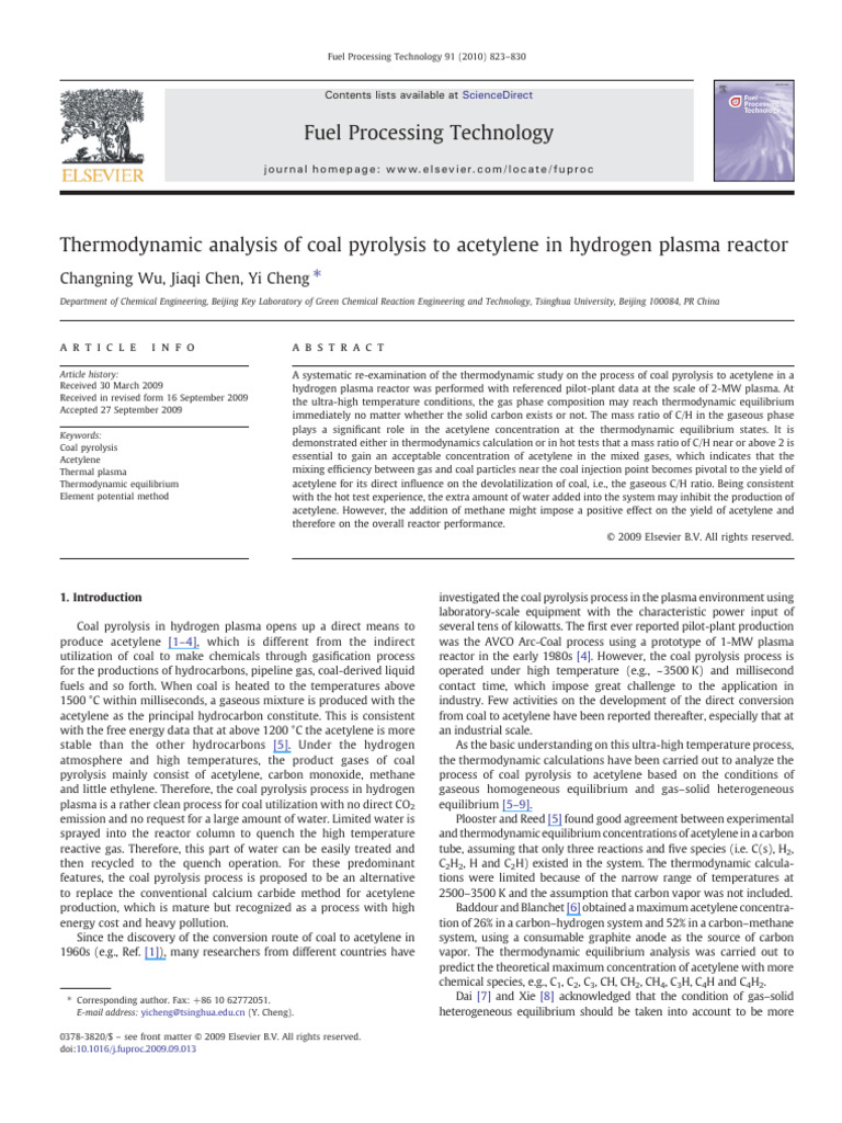 Coal Pyrolysis to Acetylene in Plasma | PDF | Gases | Pyrolysis
