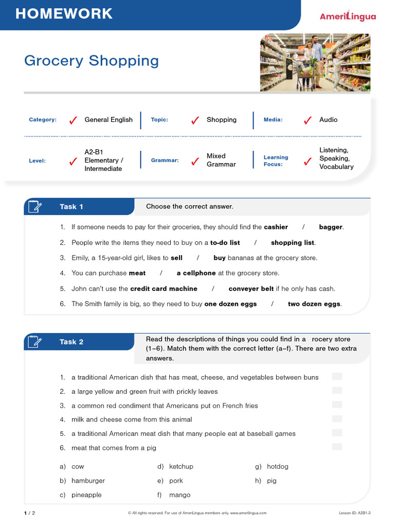Grocery Shopping Lesson A2-B1 | PDF | Grocery Store | Foods