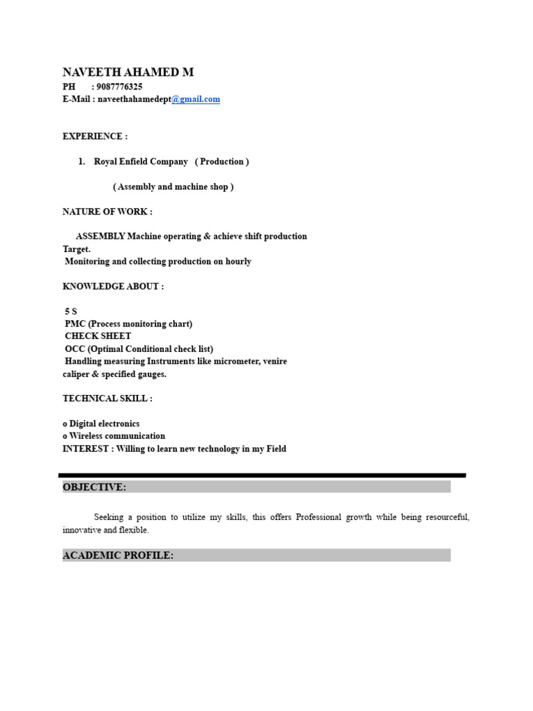 Naveeth Ahamed M: Objective | PDF | Engineering