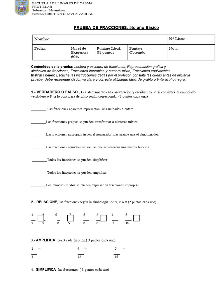 Prueba de Fracciones para 5to Básico | PDF | Matemáticas