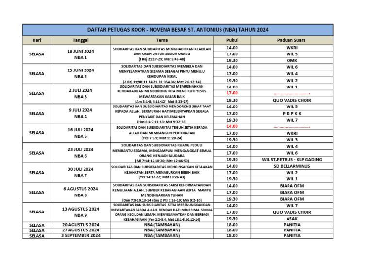 Jadwal Padus - Misa Novena Besar ST - Antonius (Nba) 2024.rev#1 | PDF